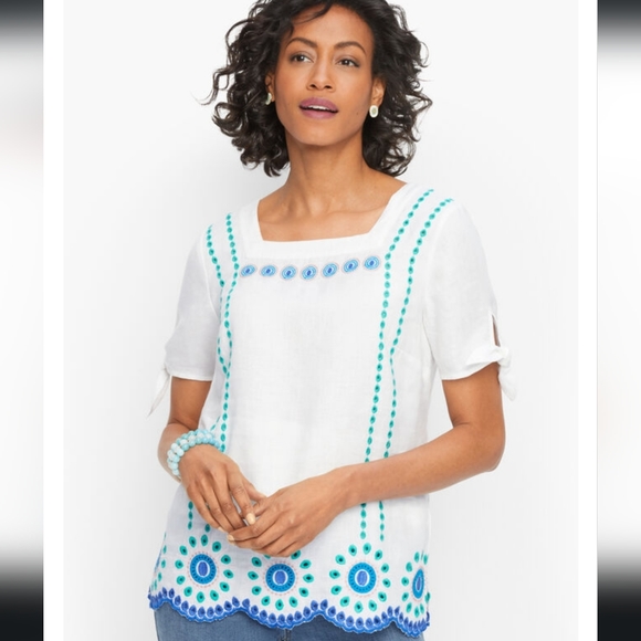 Talbots | Tops | Talbots Linen Embroidered Squareneck Top White | Poshmark